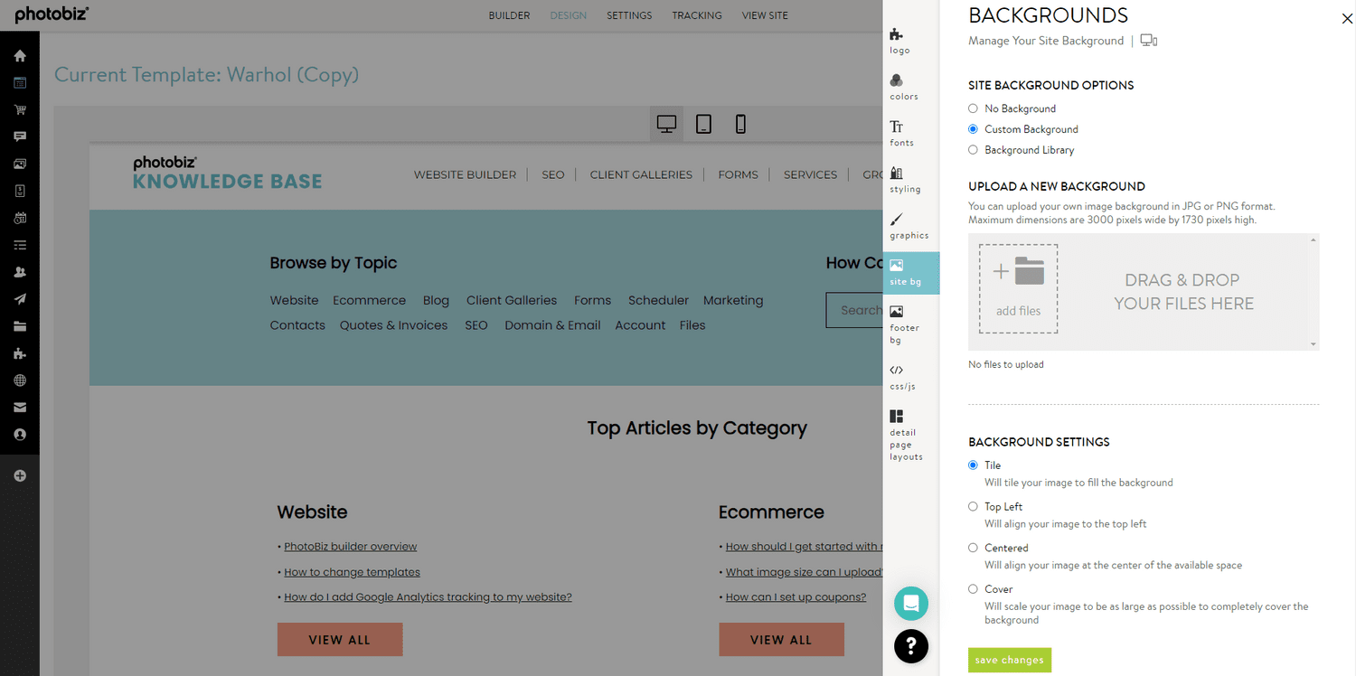 How To Customize The Websites Background Image - PhotoBiz Knowledge Base