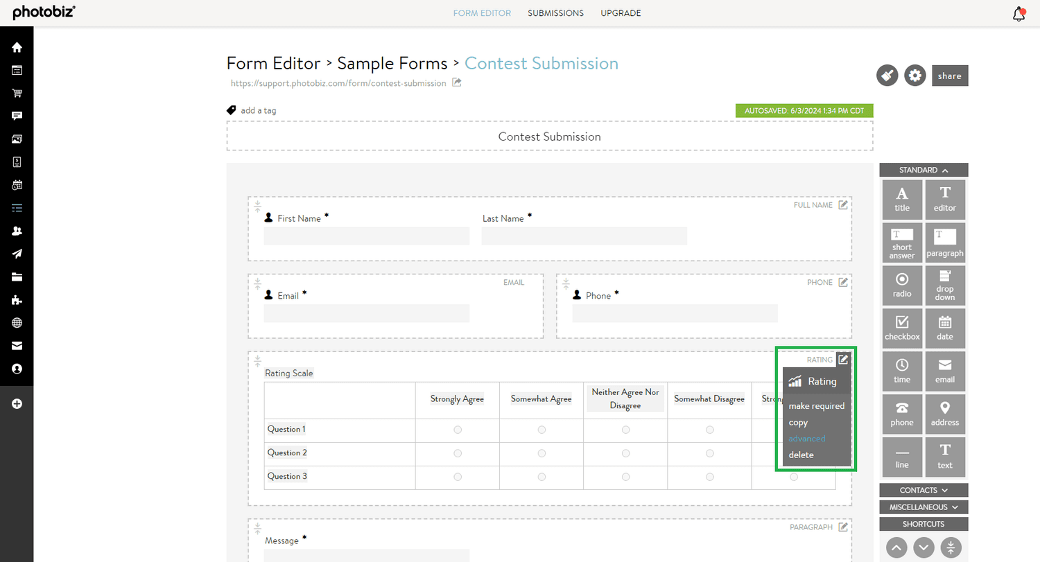 How do I use a rating scale in my custom form? - PhotoBiz Knowledge Base