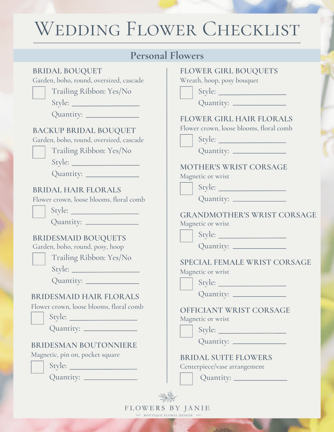 Printable Wedding Flowers Checklist